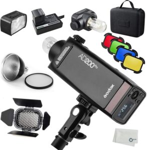 godox ad200pro ad200 pro with bd-07 barn door honeycomb grid 4 color filter kit, standard reflector with soft diffuser, 200w 2.4g flash strobe, 1/8000 hss, 500 full power flashes, 0.01-2.1s recycling