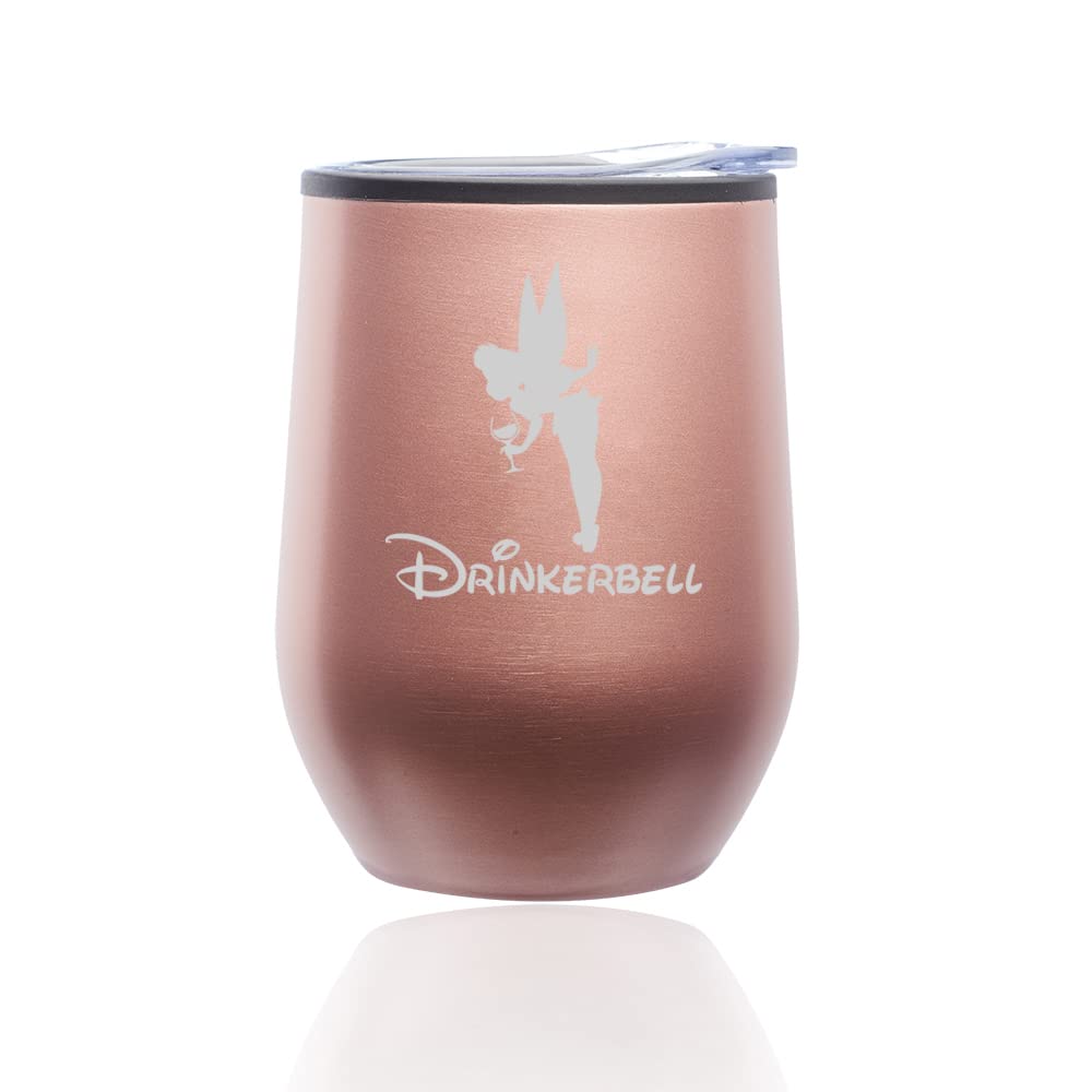 Stemless Wine Tumbler Coffee Travel Mug Glass with Lid Drinkerbell Drinking Fairy Funny (Rose Gold)