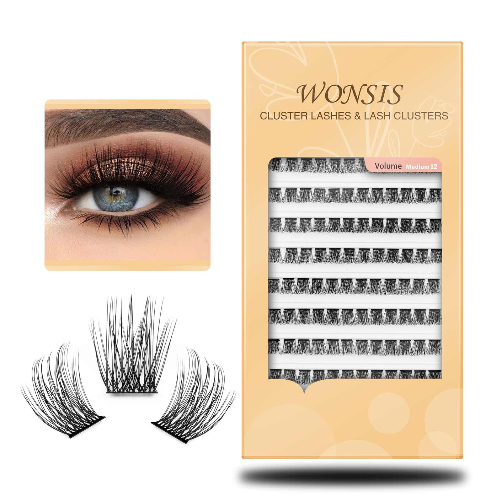 WONSIS Lash Clusters, 120 Pcs Individual Lashes Cluster, Soft and Lightweight Individual Lashes, 0.07 Thickness C Curl Synthetic Reusable Artificial DIY Lash Extension (Volume-Medium 12mm)