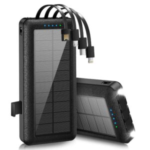 portable charger with built-in cables 30000mah solar power bank fast charge battery pack with 4 outputs 3 inputs,led flashlights,solar phone charger for smart phones,tablets and camping