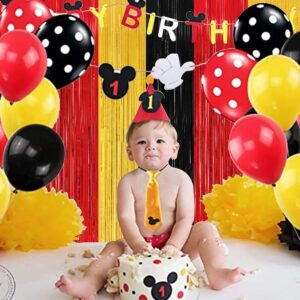 3 Pack Foil Curtains-8x9.84 Ft Red Gold and Black Fringe Metallic Backdrop Curtain for Mickey Mouse Themed Baby Shower Birthday Nursery Party Decorations