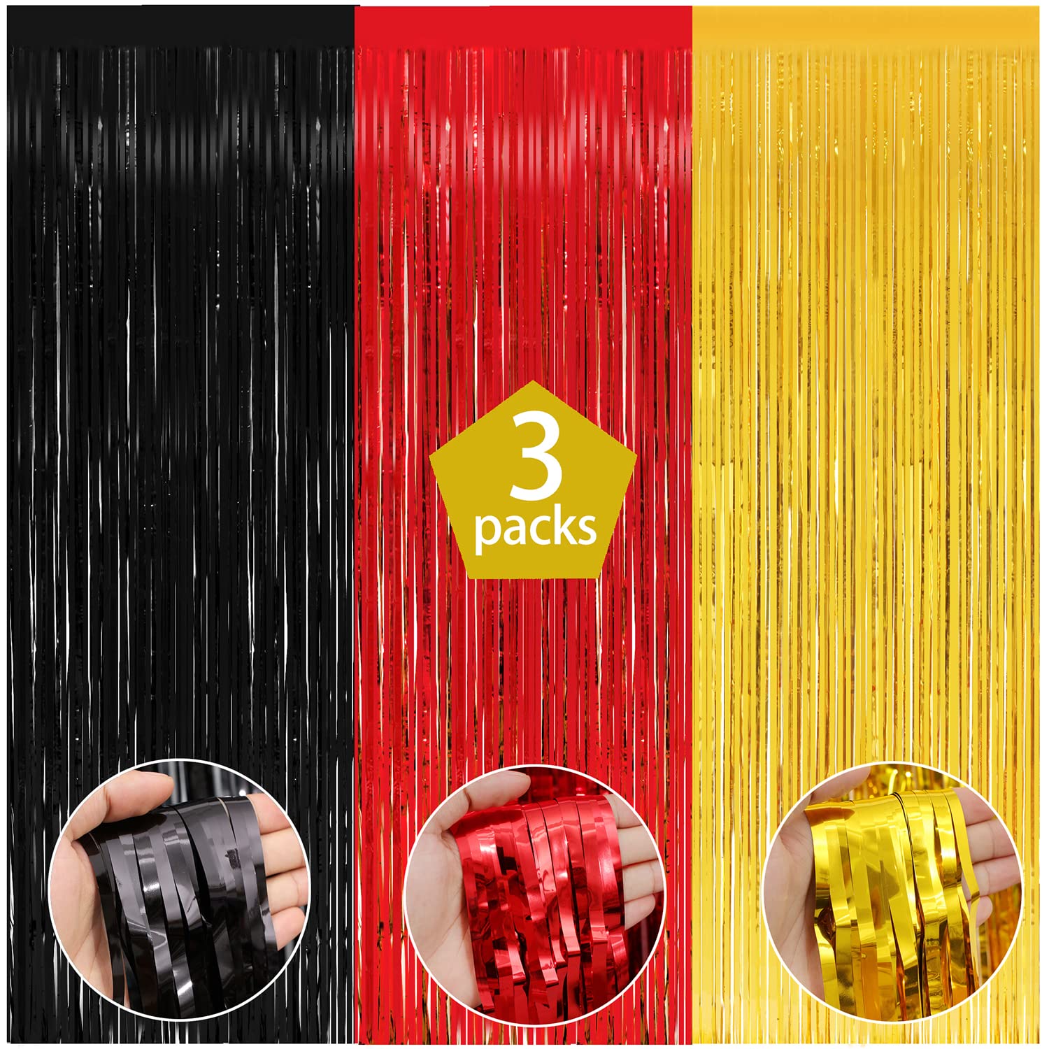 3 Pack Foil Curtains-8x9.84 Ft Red Gold and Black Fringe Metallic Backdrop Curtain for Mickey Mouse Themed Baby Shower Birthday Nursery Party Decorations