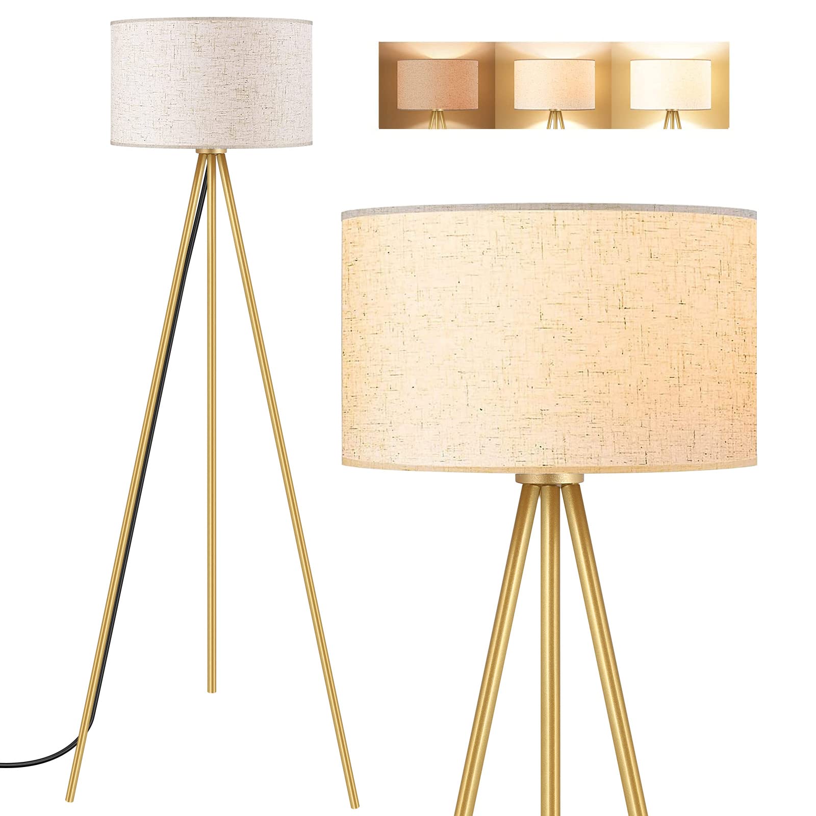 BoostArea Floor Lamp for Living Room, Tripod Floor Lamp, 15W LED Bulb, 3 Levels Dimmable Brightness, Linen Lamp Shade, Mid Century Standing Lamp for Living Room, Bedroom, Study Room and Office(Gold)