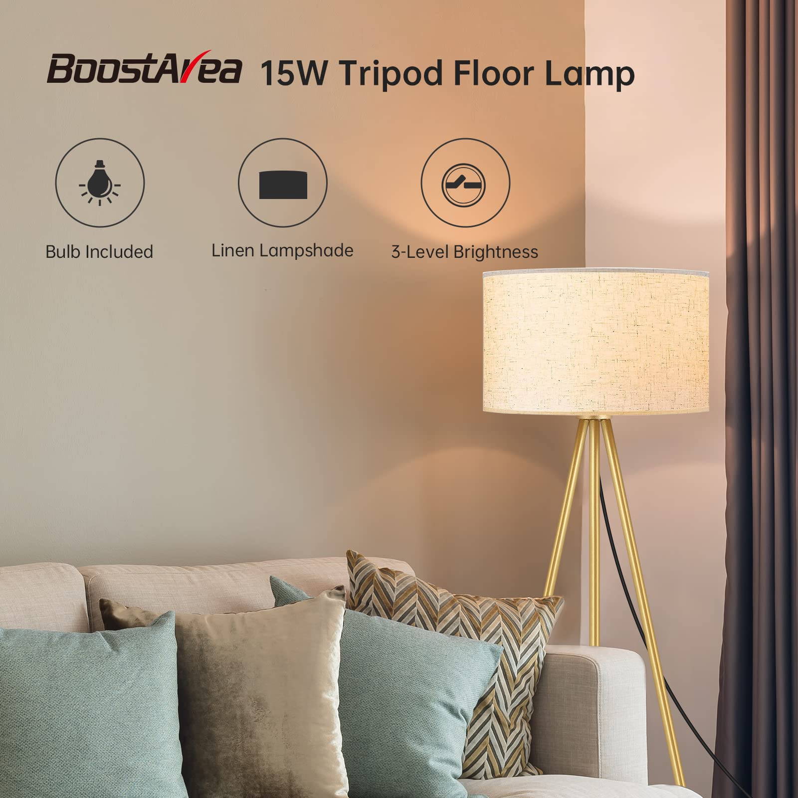 BoostArea Floor Lamp for Living Room, Tripod Floor Lamp, 15W LED Bulb, 3 Levels Dimmable Brightness, Linen Lamp Shade, Mid Century Standing Lamp for Living Room, Bedroom, Study Room and Office(Gold)