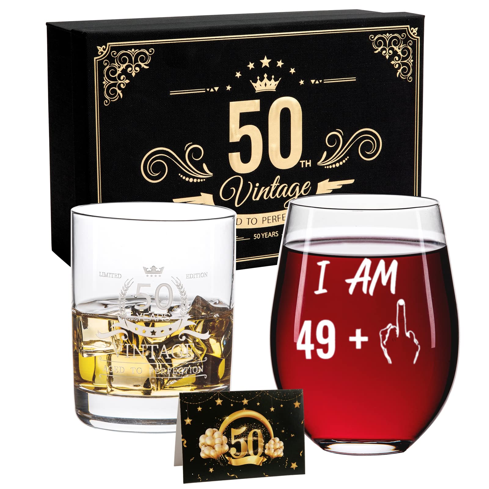 PUGED 50th Birthday Gift Set for Men or Women with Gift Package Vintage 12 oz Whiskey Glass and 49 + One Middle Finger 18 oz Stemless Wine Glass