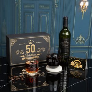 PUGED 50th Birthday Gift Set for Men or Women with Gift Package Vintage 12 oz Whiskey Glass and 49 + One Middle Finger 18 oz Stemless Wine Glass