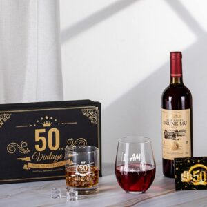 PUGED 50th Birthday Gift Set for Men or Women with Gift Package Vintage 12 oz Whiskey Glass and 49 + One Middle Finger 18 oz Stemless Wine Glass