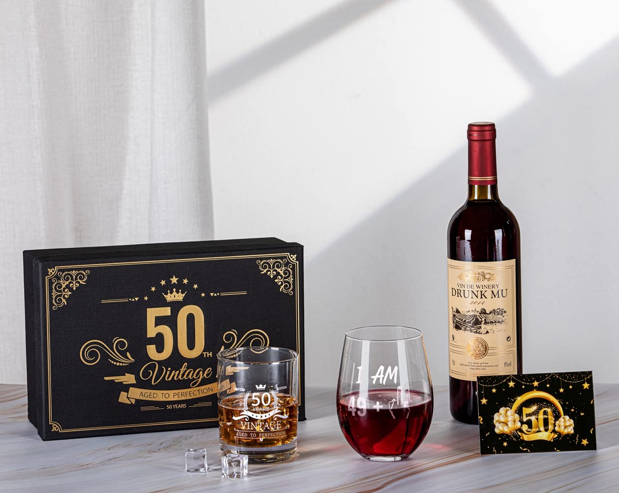 PUGED 50th Birthday Gift Set for Men or Women with Gift Package Vintage 12 oz Whiskey Glass and 49 + One Middle Finger 18 oz Stemless Wine Glass