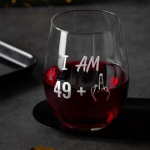 PUGED 50th Birthday Gift Set for Men or Women with Gift Package Vintage 12 oz Whiskey Glass and 49 + One Middle Finger 18 oz Stemless Wine Glass