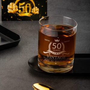 PUGED 50th Birthday Gift Set for Men or Women with Gift Package Vintage 12 oz Whiskey Glass and 49 + One Middle Finger 18 oz Stemless Wine Glass