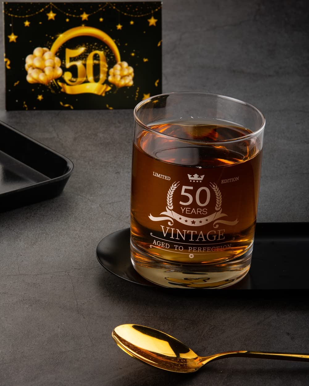 PUGED 50th Birthday Gift Set for Men or Women with Gift Package Vintage 12 oz Whiskey Glass and 49 + One Middle Finger 18 oz Stemless Wine Glass