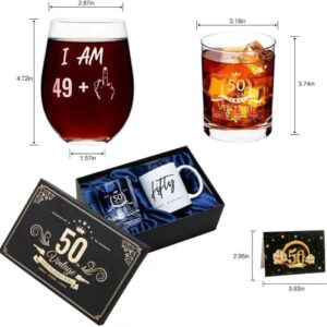 PUGED 50th Birthday Gift Set for Men or Women with Gift Package Vintage 12 oz Whiskey Glass and 49 + One Middle Finger 18 oz Stemless Wine Glass