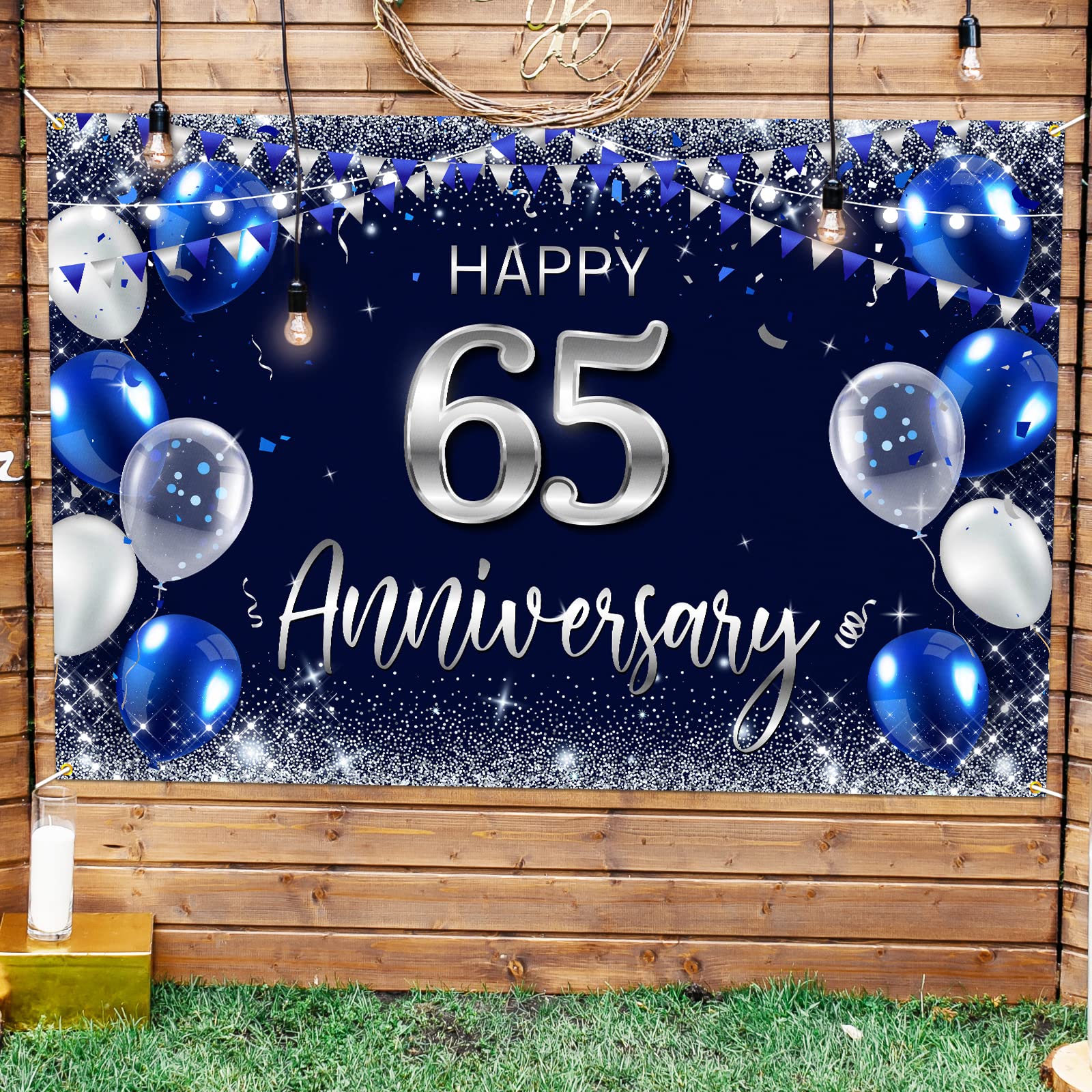 Happy 65th Anniversary Backdrop Banner Decor Navy Blue – Silver Glitter Happy 65 Years Wedding Anniversary Party Theme Decorations for Women Men Supplies