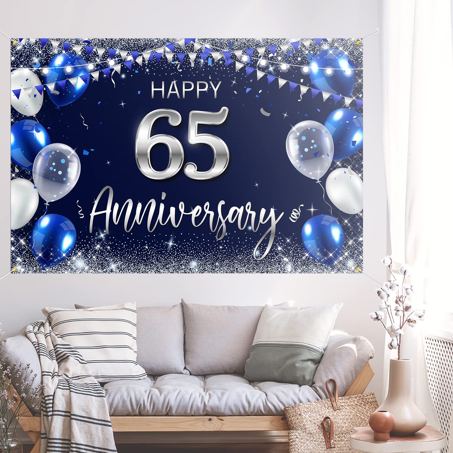 Happy 65th Anniversary Backdrop Banner Decor Navy Blue – Silver Glitter Happy 65 Years Wedding Anniversary Party Theme Decorations for Women Men Supplies