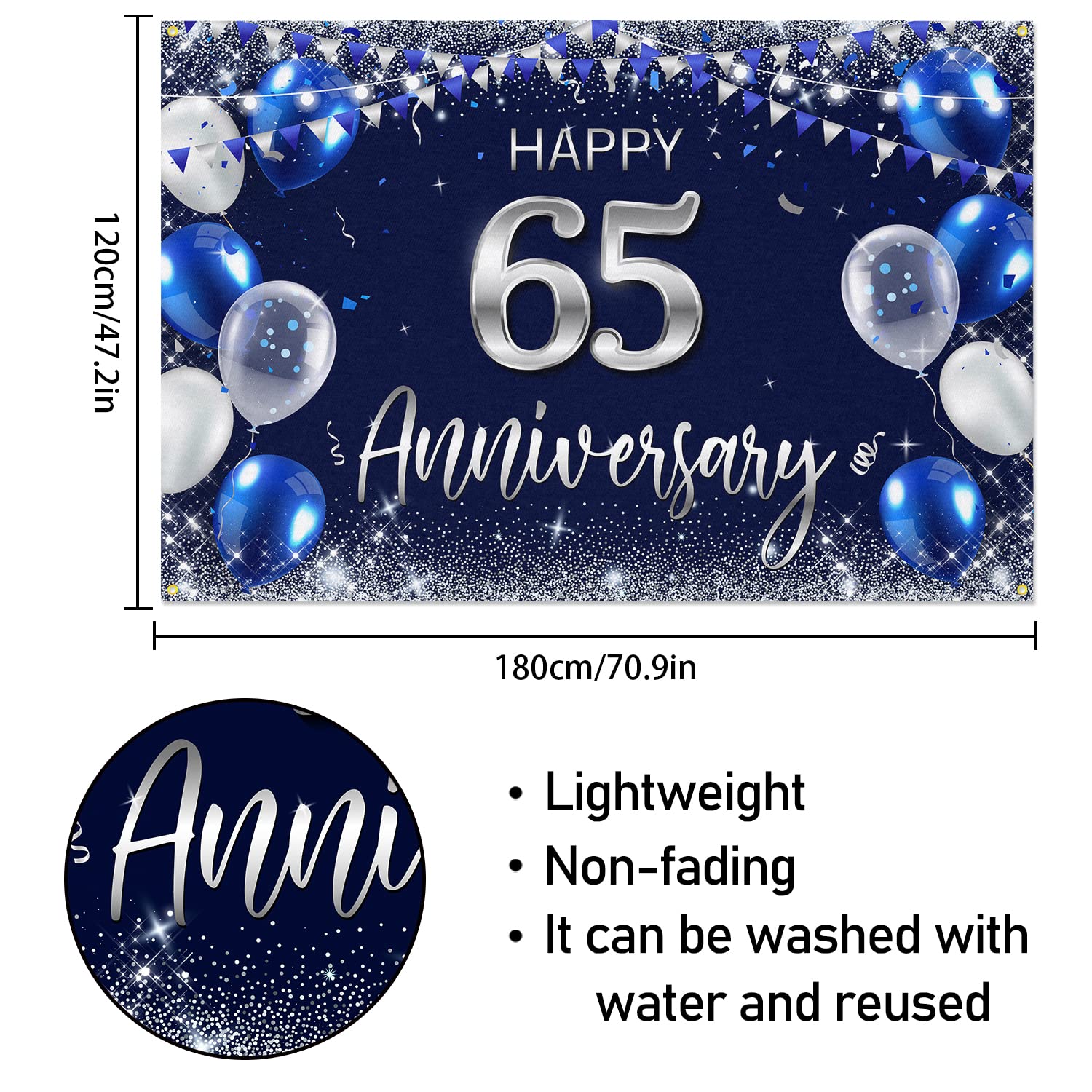 Happy 65th Anniversary Backdrop Banner Decor Navy Blue – Silver Glitter Happy 65 Years Wedding Anniversary Party Theme Decorations for Women Men Supplies