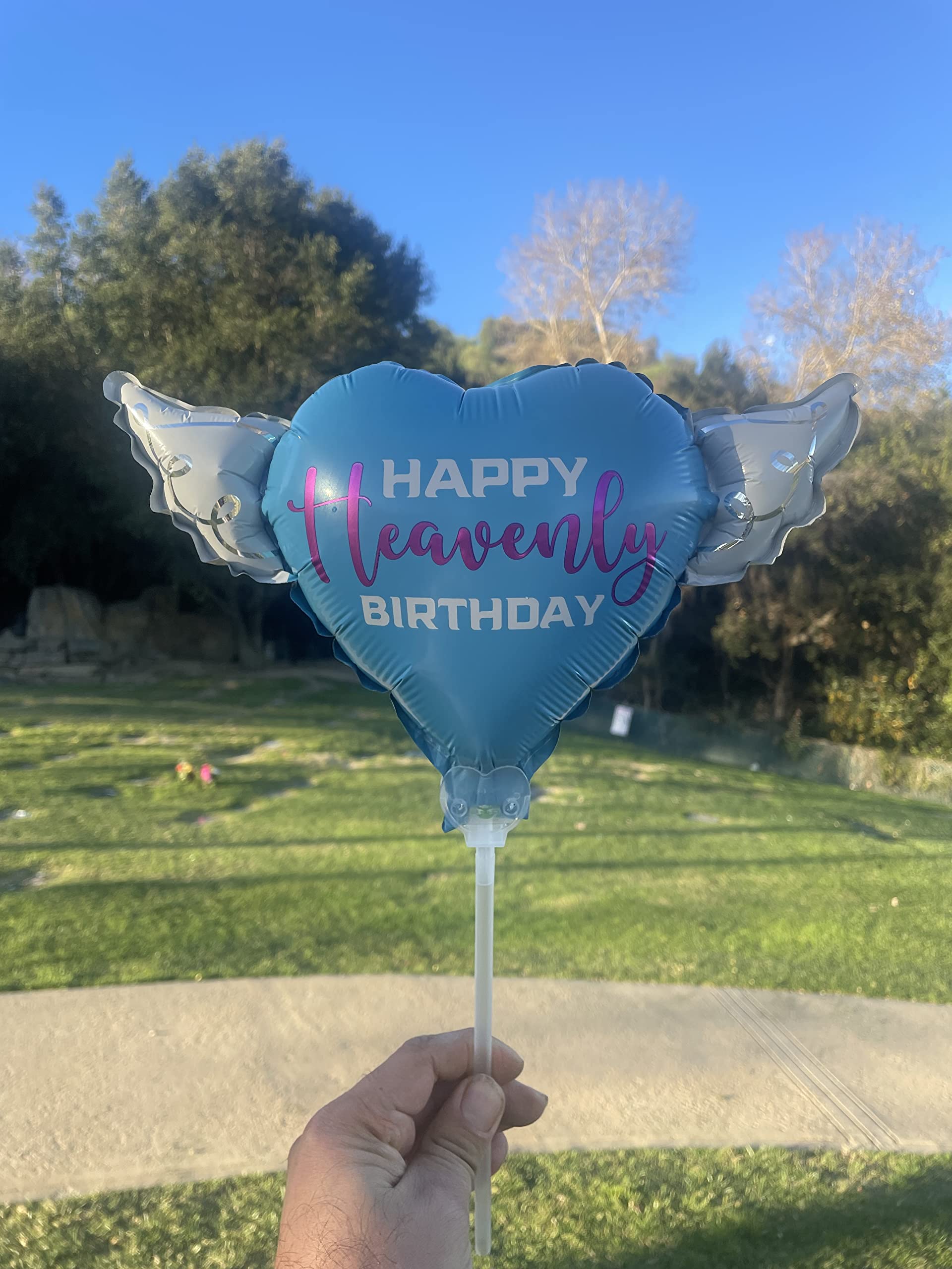 Heavenly Balloons on a stick Happy Heavenly Birthday blue/purple balloon heart shaped with angel wings