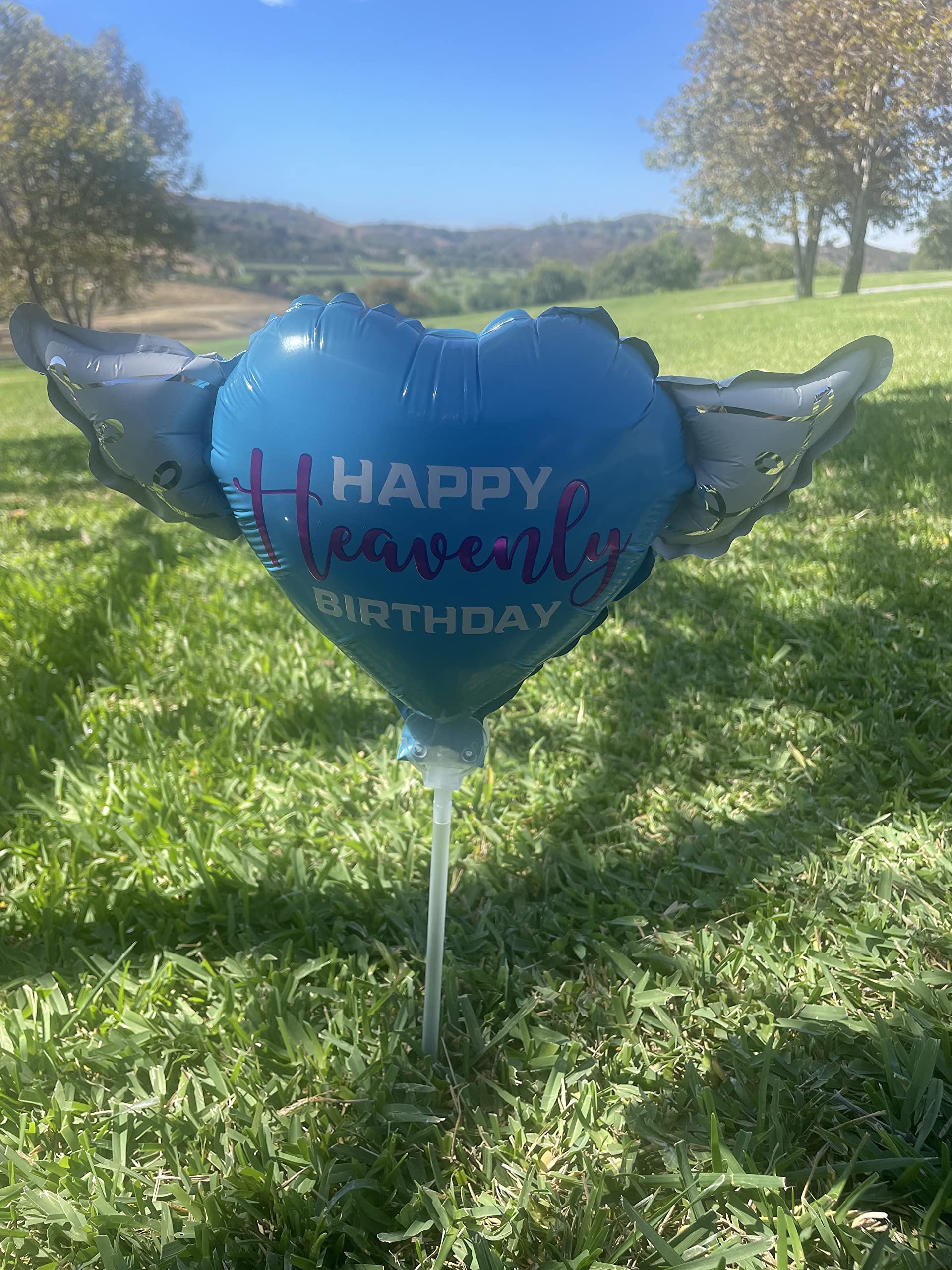 Heavenly Balloons on a stick Happy Heavenly Birthday blue/purple balloon heart shaped with angel wings