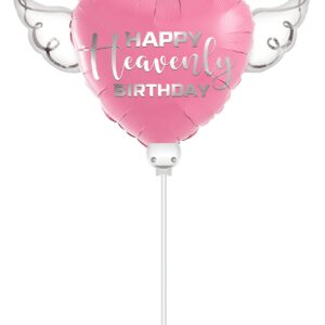 Heavenly Balloons on a stick Happy Heavenly Birthday pink balloon heart shaped with angel wings