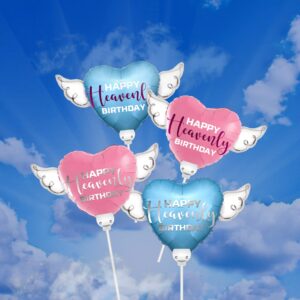 Heavenly Balloons on a stick Happy Heavenly Birthday pink balloon heart shaped with angel wings