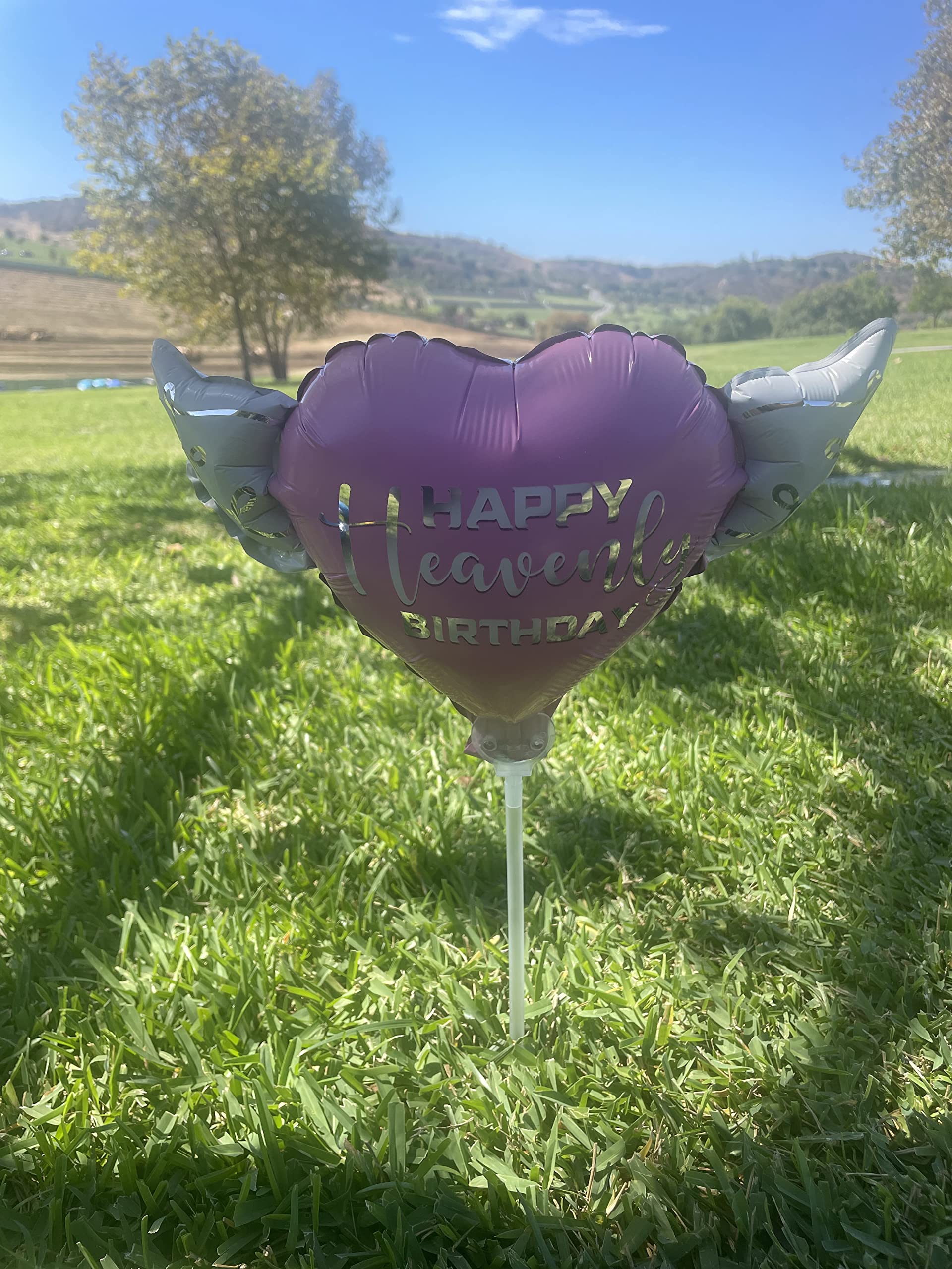 Heavenly Balloons on a stick Happy Heavenly Birthday pink balloon heart shaped with angel wings