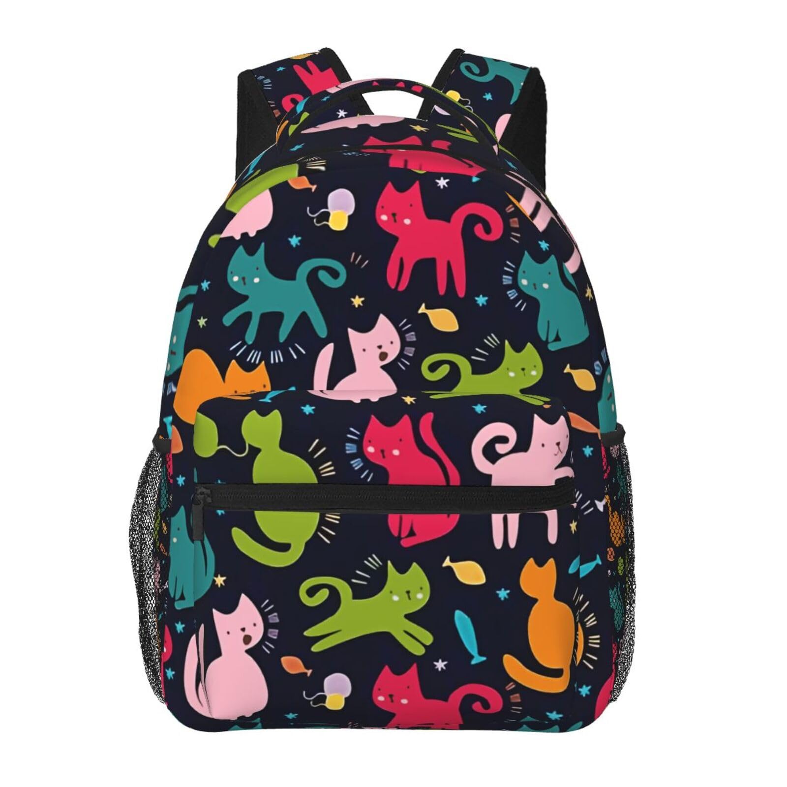 Nerxy Kitty Cat Backpack for School - Happy Cats with Fish School Backpack Colorful Kitten Pet School Bag Laptop Book Bag Fits 14 Inch Laptop Rucksack Daypack