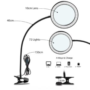 10X Magnifying Glass Lamp with Light, Magnifier Light with Clip, 3 Color Modes Stepless Dimmable & 10 Brightness Levels, Adjustable Swivel Arm Magnifier for Close Work, Reading, Crafts, Repairing