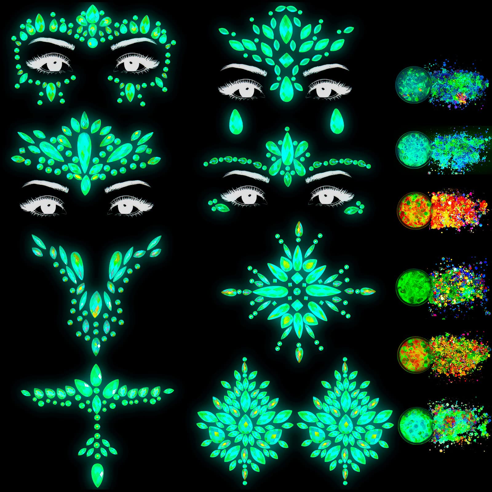 14 Sheets Glow in The Dark Face Jewels Body Gems and Chunky Glitter Noctilucent Halloween Party Makeup Self Adhesive Luminous Face Rhinestone Tattoo Stickers