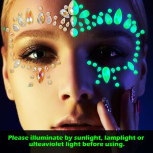 14 Sheets Glow in The Dark Face Jewels Body Gems and Chunky Glitter Noctilucent Halloween Party Makeup Self Adhesive Luminous Face Rhinestone Tattoo Stickers