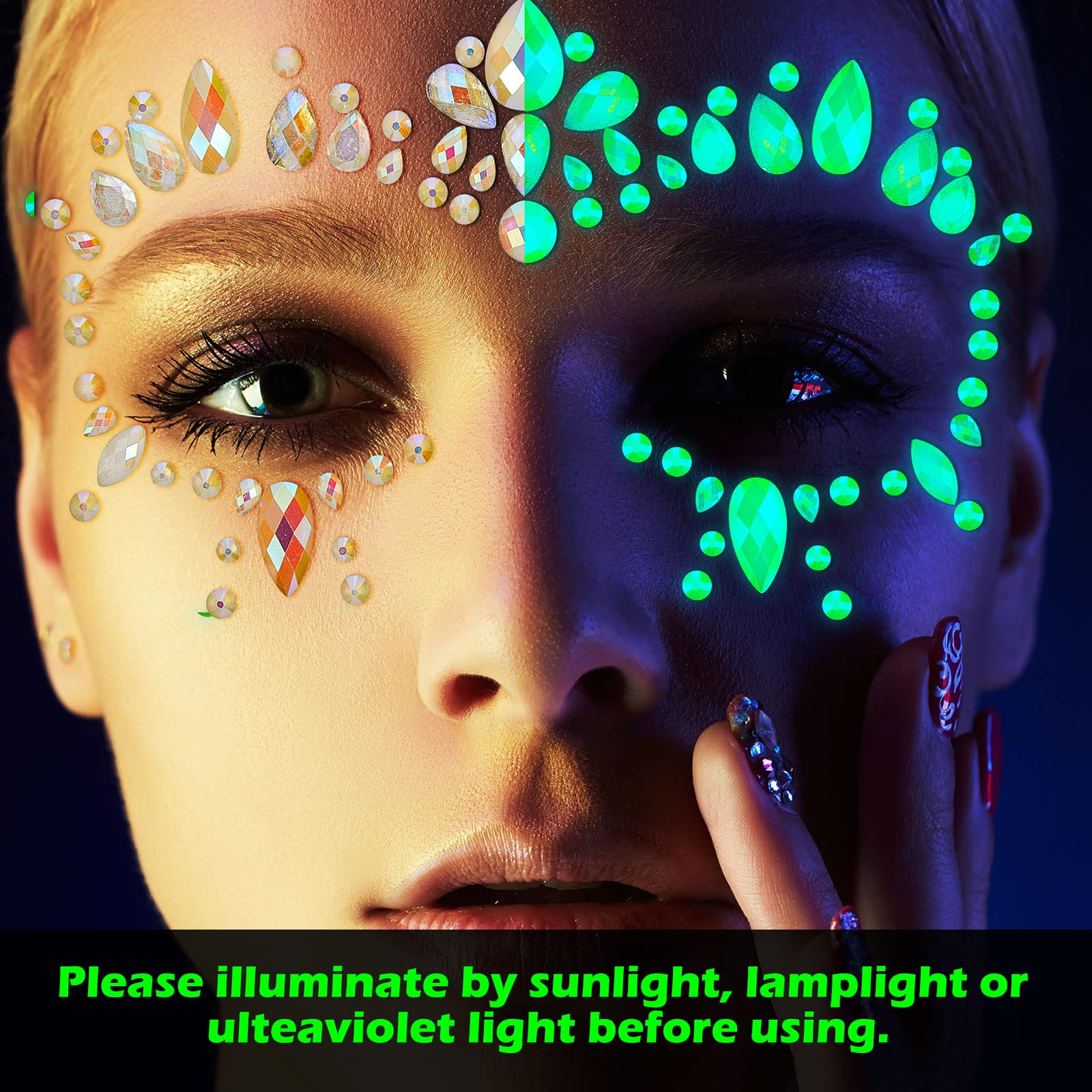 14 Sheets Glow in The Dark Face Jewels Body Gems and Chunky Glitter Noctilucent Halloween Party Makeup Self Adhesive Luminous Face Rhinestone Tattoo Stickers