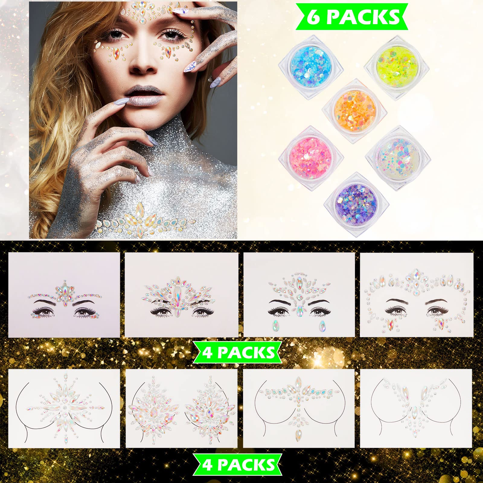 14 Sheets Glow in The Dark Face Jewels Body Gems and Chunky Glitter Noctilucent Halloween Party Makeup Self Adhesive Luminous Face Rhinestone Tattoo Stickers