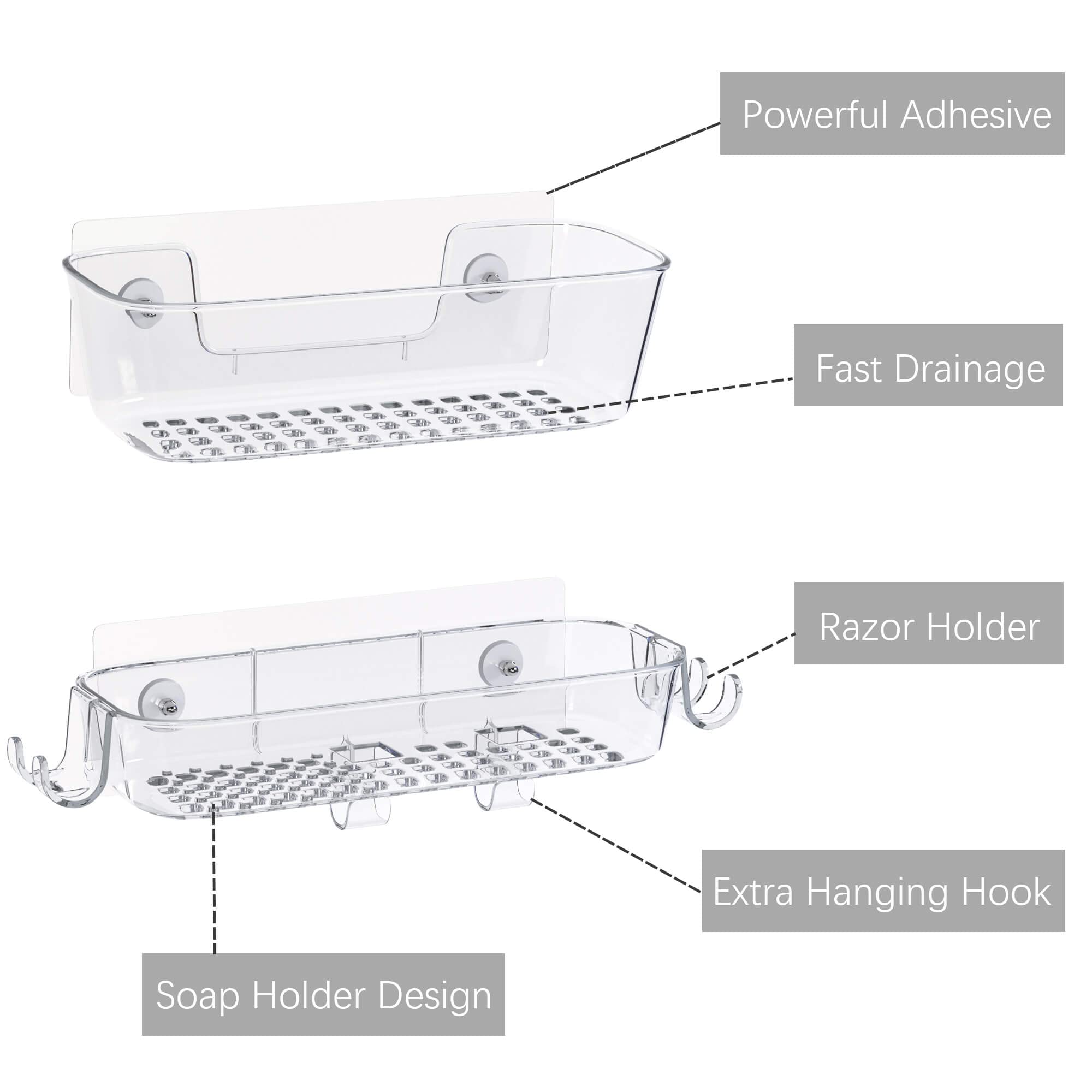 TZAMLI Shower Caddy, Adhesive Shower Organizer Rustproof Shower Shelf with Razor Holder and Hook, Shower Rack for Bathroom Storage (Clear, 2 Pack)