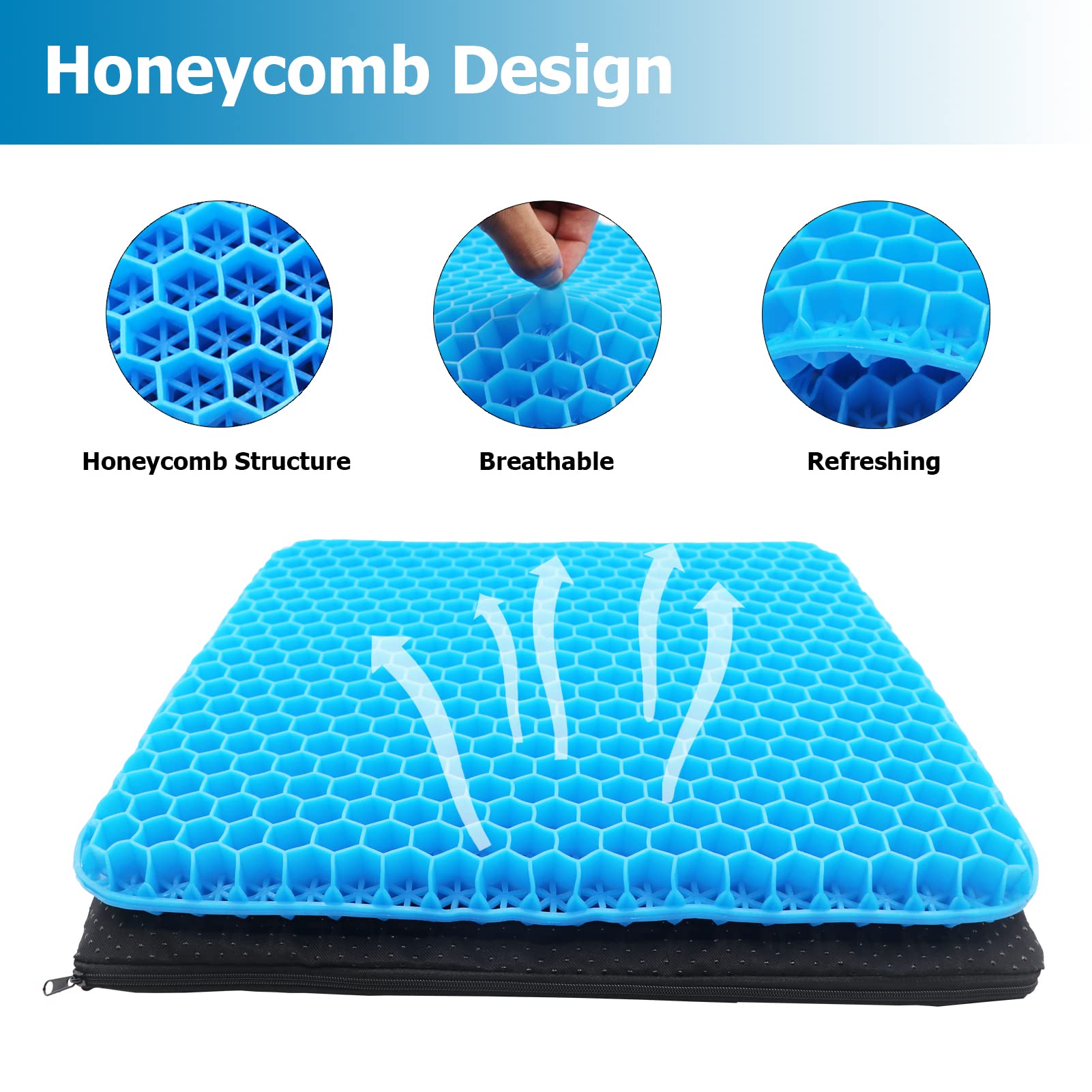 LuckGeto Gel Seat Cushion for Long Sitting Breathable Honeycomb Gel Cushion Tailbone Pain Relief Office Chair Cushion Wheelchair Car Cushions Relief Sciatica Pain with Non-Slip Cover