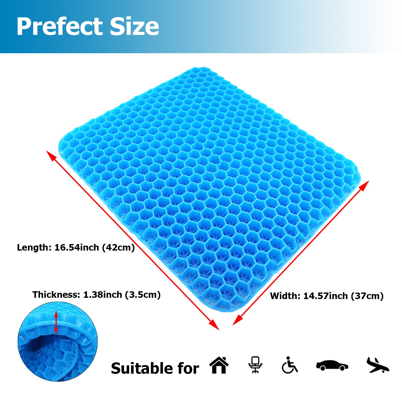 LuckGeto Gel Seat Cushion for Long Sitting Breathable Honeycomb Gel Cushion Tailbone Pain Relief Office Chair Cushion Wheelchair Car Cushions Relief Sciatica Pain with Non-Slip Cover