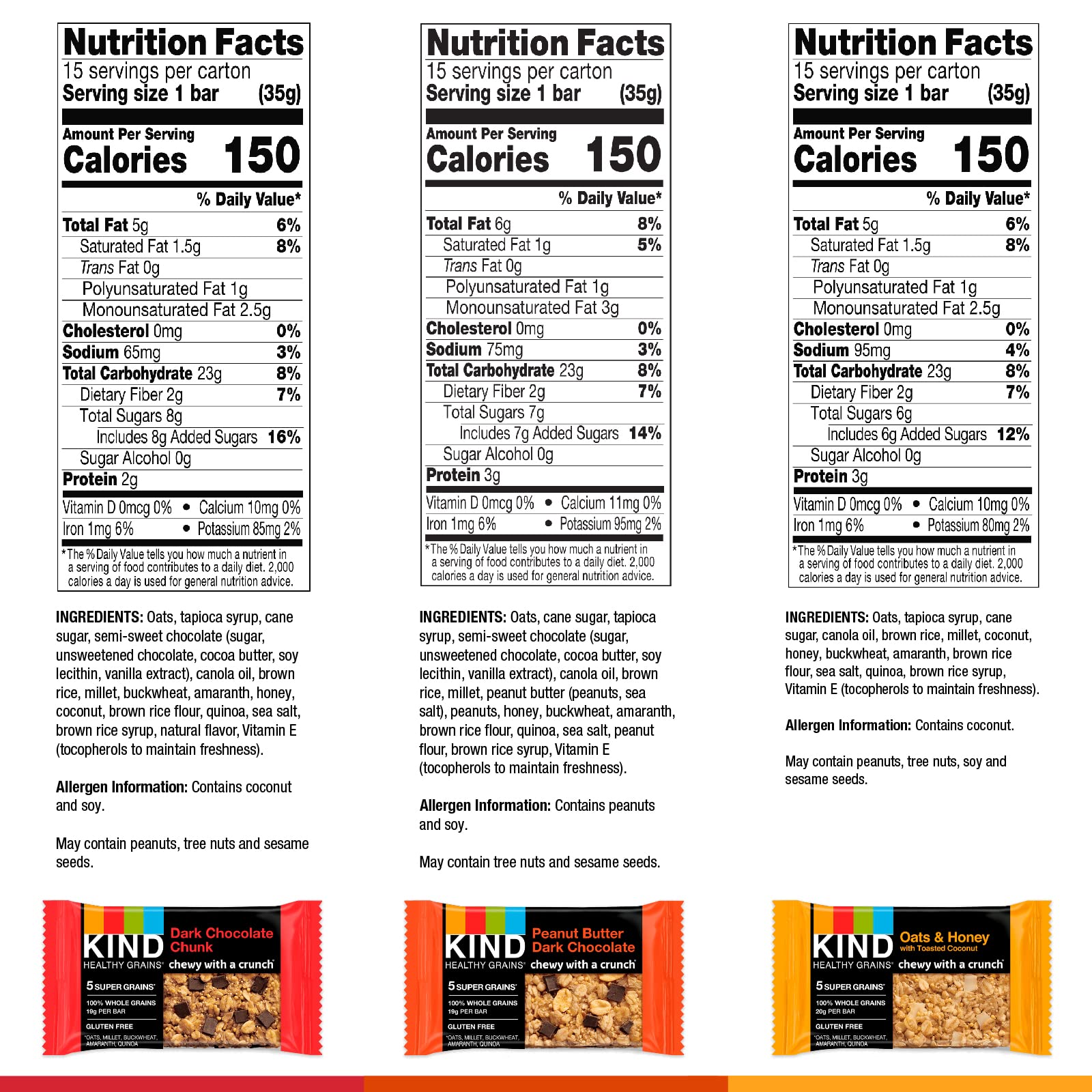 KIND Healthy Grains Bars, Variety Pack, Dark Chocolate Chunk, Oats & Honey, Peanut Butter Snacks, Gluten Free, 45 Count