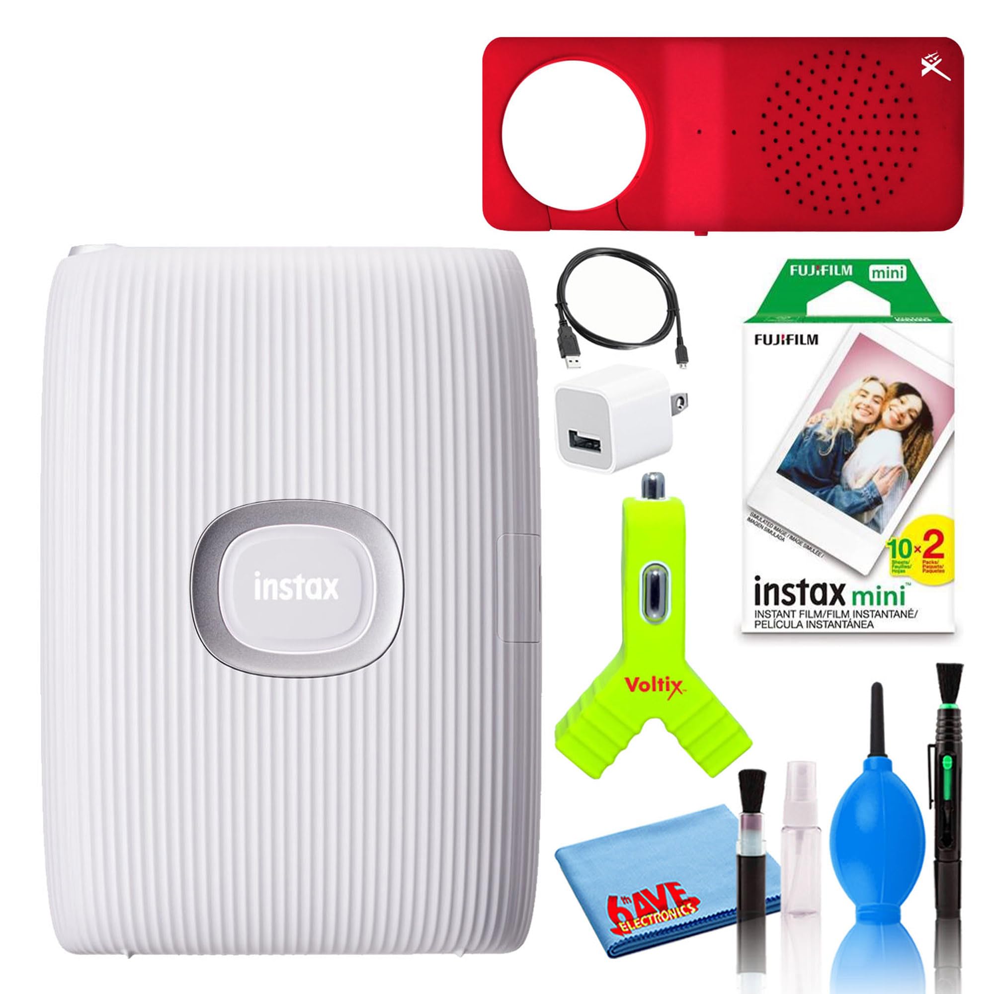 Fujifilm Instax Mini Link 2 Portable Smartphone Printer (Clay White) Creative Kit Film Bundle with (20) Instax Mini Films + Bluetooth Speaker + On-The-Go Kit + 6AVE Cleaning Kit + More