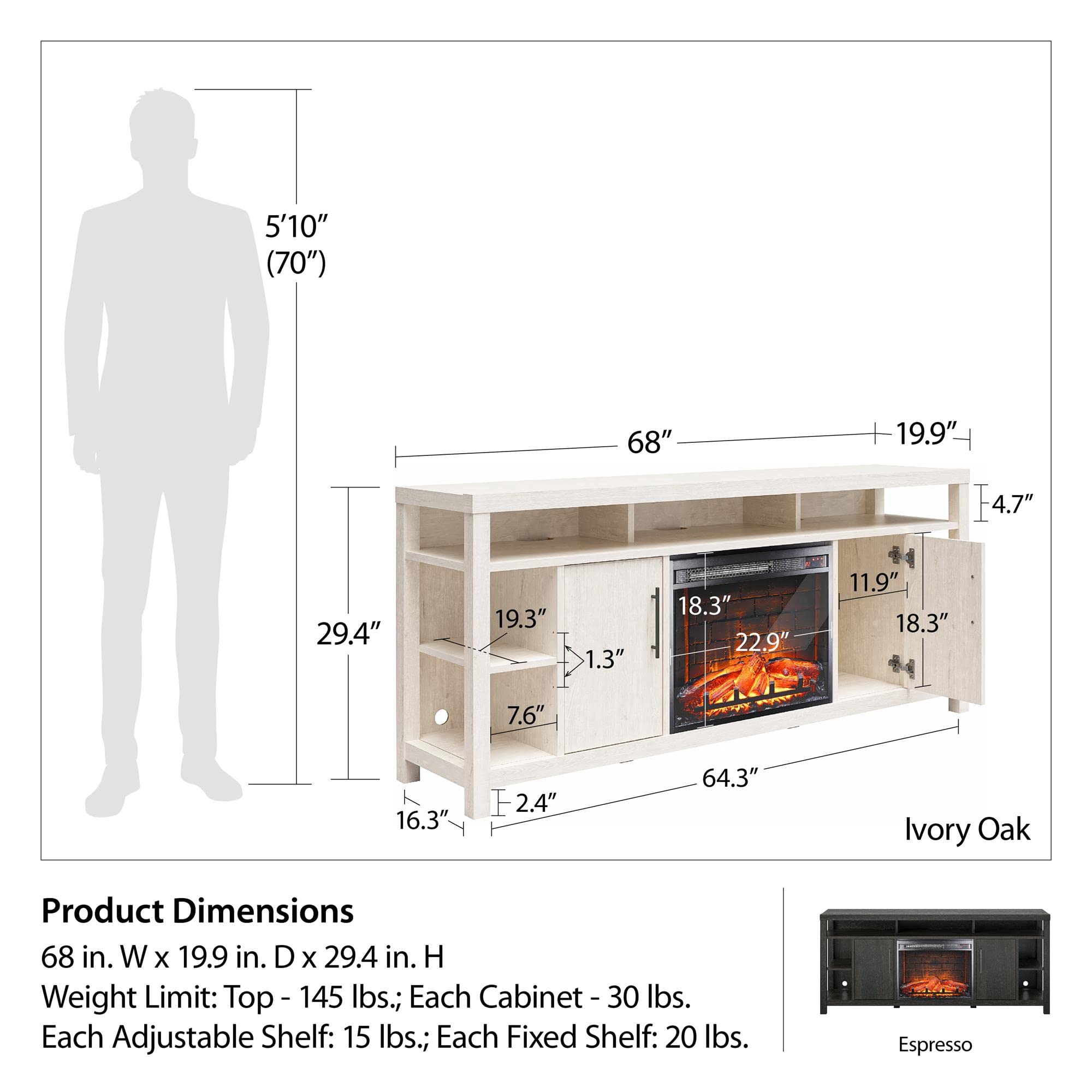 Ameriwood Home Garrick Electric Fireplace Console for TVs up to 75", Ivory Oak