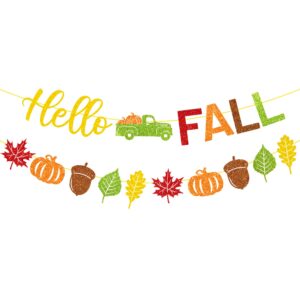 cavla glitter hello fall banner with pumpkin truck signs and colorful glittery maple leaves pumpkin acorns banner autumn harvest garland banner fall thanksgiving party fireplace mantle decorations