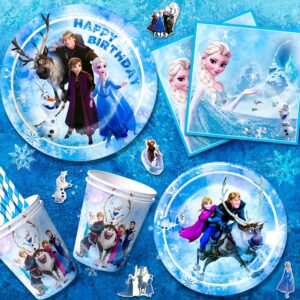 Frozen Birthday Party Supplies,145pcs Frozen Party Decorations&Tableware Set-Frozen Themed Birthday Banner Balloons&Frozen Party Plates Cup Tablecloth etc Anna and Elsa Birthday Decorations