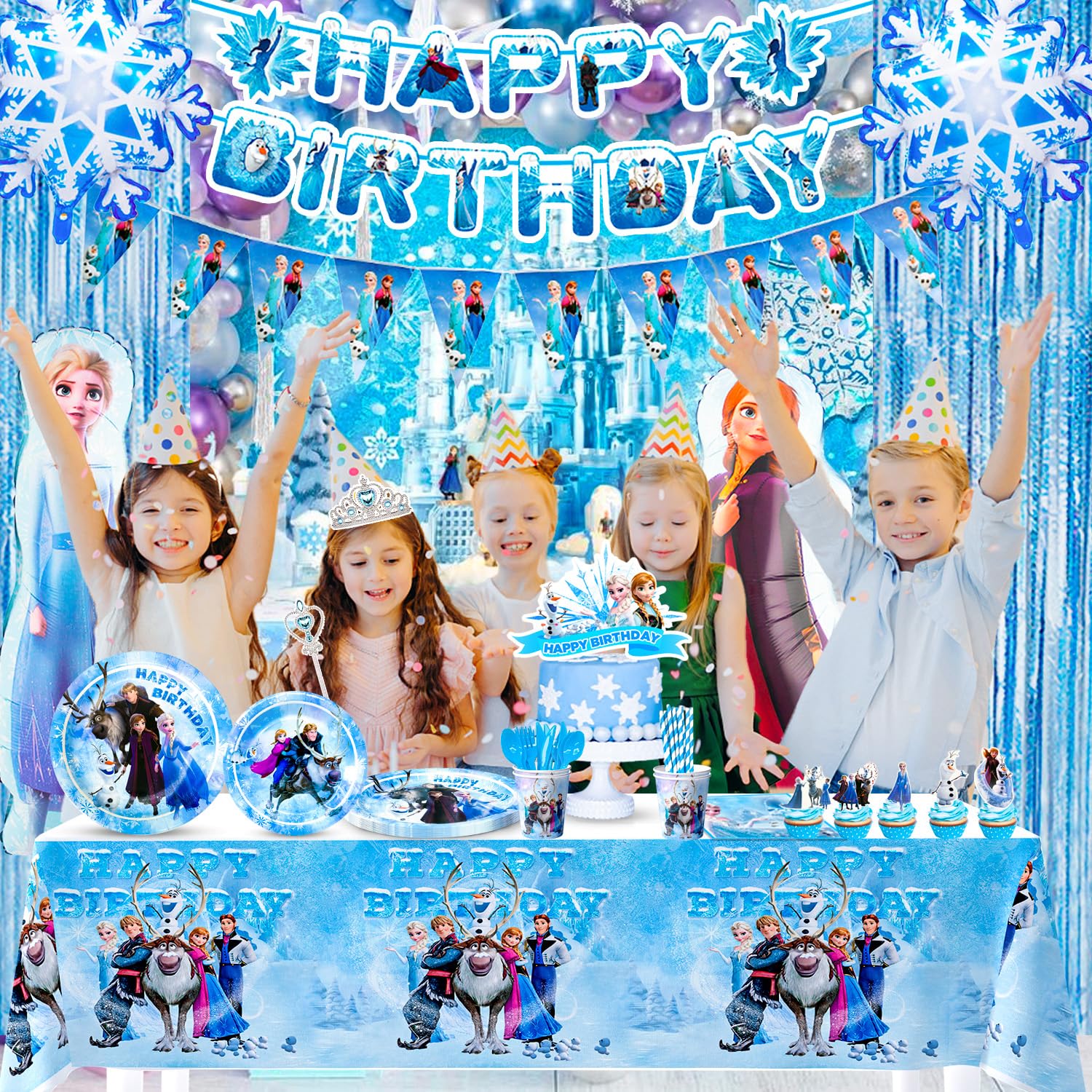 Frozen Birthday Party Supplies,145pcs Frozen Party Decorations&Tableware Set-Frozen Themed Birthday Banner Balloons&Frozen Party Plates Cup Tablecloth etc Anna and Elsa Birthday Decorations