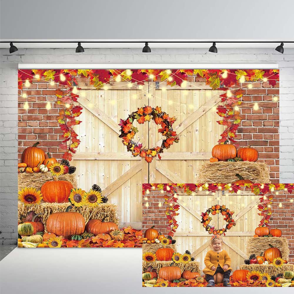 MEHOFOND Thanksgiving Fall Backdrop for Photography Autumn Pumpkin Baby Shower Decorations Thanksgiving Harvest Maple Leaves Sunflower Rustic Wood Background Party Supplies Photobooth Banner 7x5ft