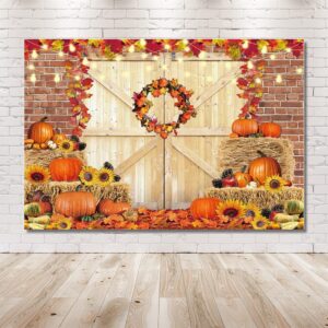 MEHOFOND Thanksgiving Fall Backdrop for Photography Autumn Pumpkin Baby Shower Decorations Thanksgiving Harvest Maple Leaves Sunflower Rustic Wood Background Party Supplies Photobooth Banner 7x5ft