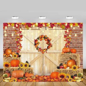 MEHOFOND Thanksgiving Fall Backdrop for Photography Autumn Pumpkin Baby Shower Decorations Thanksgiving Harvest Maple Leaves Sunflower Rustic Wood Background Party Supplies Photobooth Banner 7x5ft