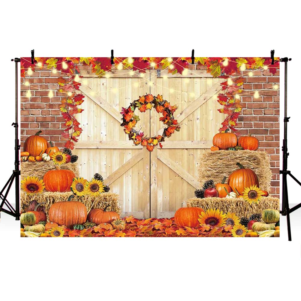 MEHOFOND Thanksgiving Fall Backdrop for Photography Autumn Pumpkin Baby Shower Decorations Thanksgiving Harvest Maple Leaves Sunflower Rustic Wood Background Party Supplies Photobooth Banner 7x5ft