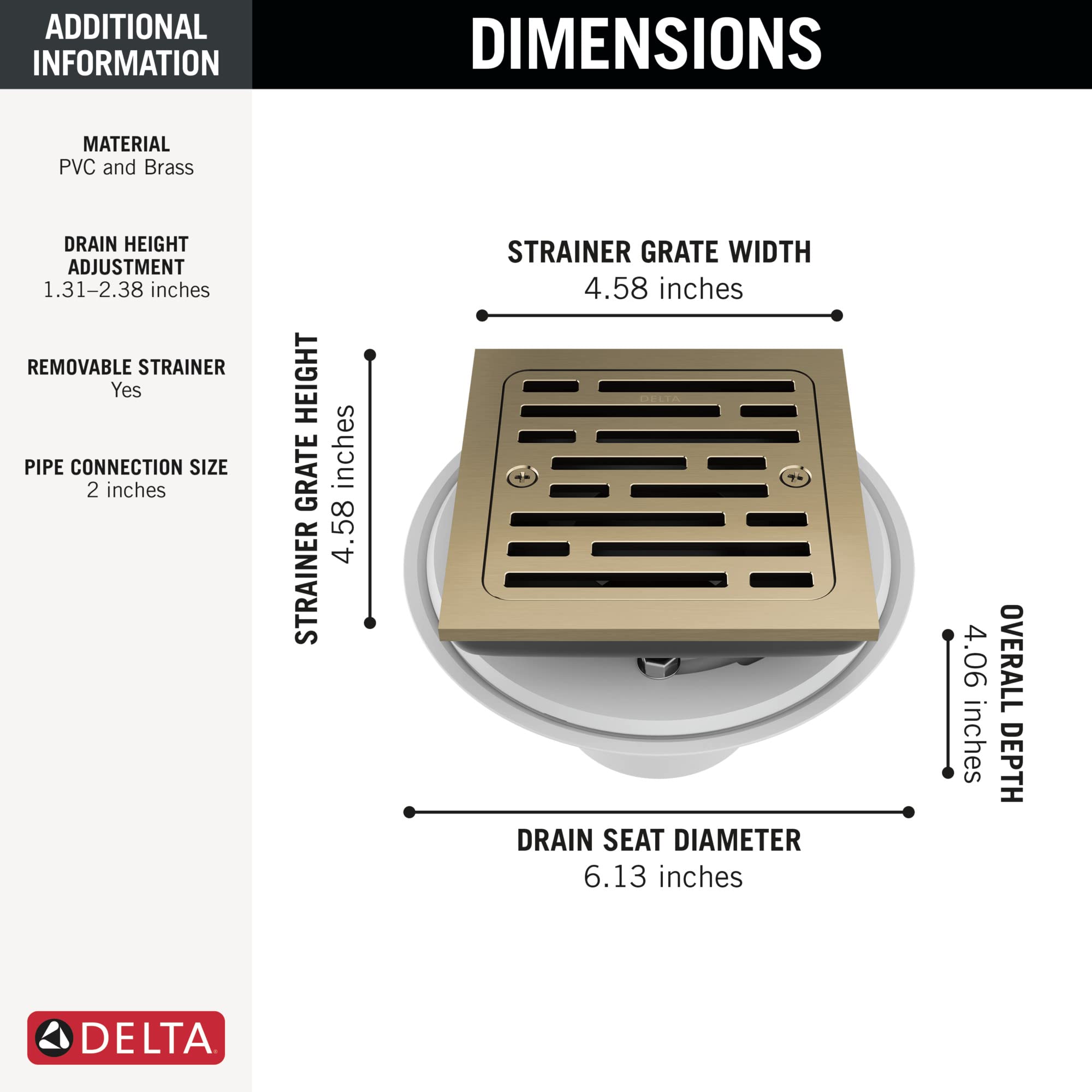 Delta Faucet 4 Inch Tile-In Square Shower Floor Drain Gold, Shower Drain Kit, Square Shower Drain, Chrome Shower Drain, Shower Floor Drain, Champagne Gold DT062412-CZ