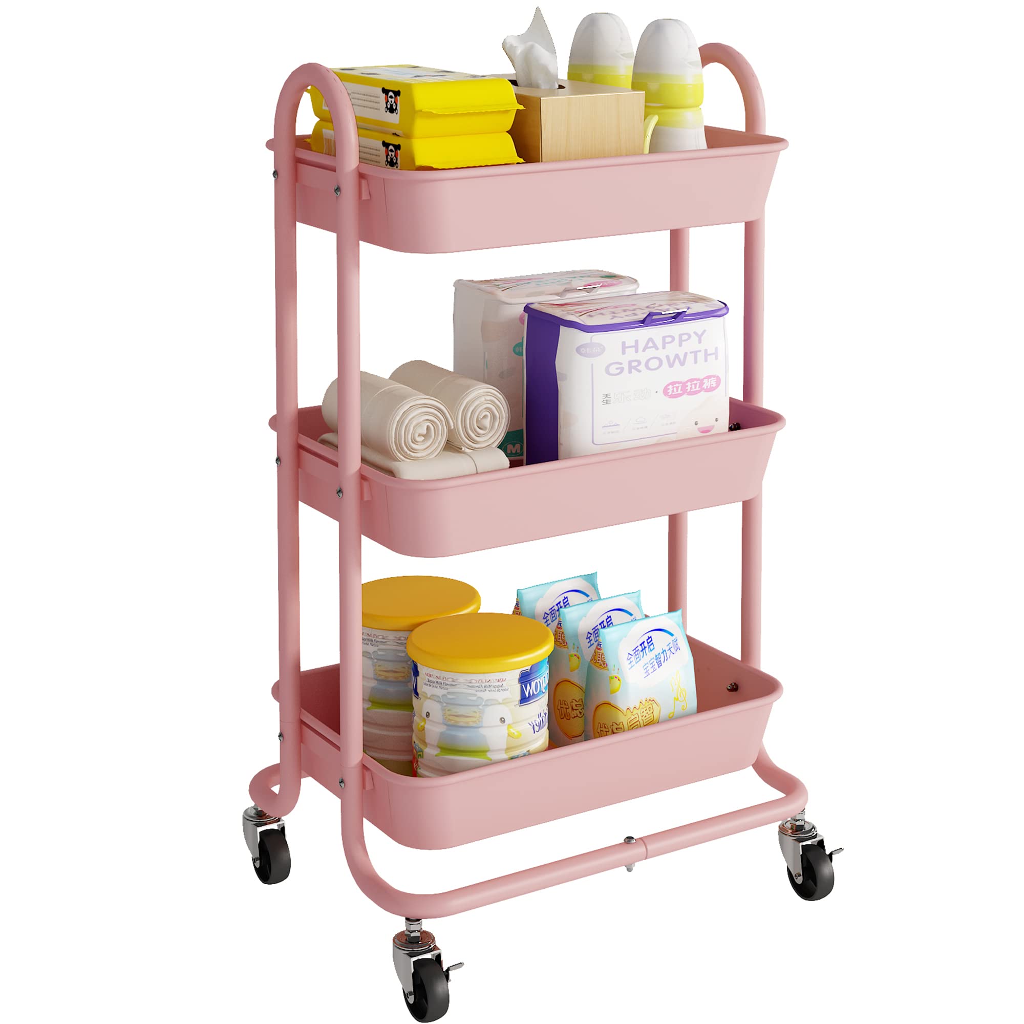 MIOCASA 3-Tier Metal Utility Rolling Cart, Heavy Duty Multifunction Cart with Lockable Casters, Easy to Assemble, Suitable for Office, Bathroom, Kitchen, Garden (Pink) (Metal&Plastic&Pink)