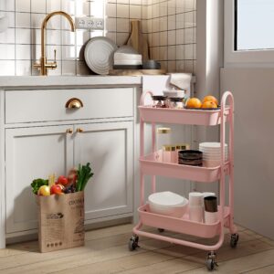 MIOCASA 3-Tier Metal Utility Rolling Cart, Heavy Duty Multifunction Cart with Lockable Casters, Easy to Assemble, Suitable for Office, Bathroom, Kitchen, Garden (Pink) (Metal&Plastic&Pink)