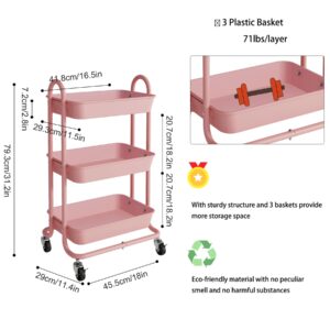 MIOCASA 3-Tier Metal Utility Rolling Cart, Heavy Duty Multifunction Cart with Lockable Casters, Easy to Assemble, Suitable for Office, Bathroom, Kitchen, Garden (Pink) (Metal&Plastic&Pink)