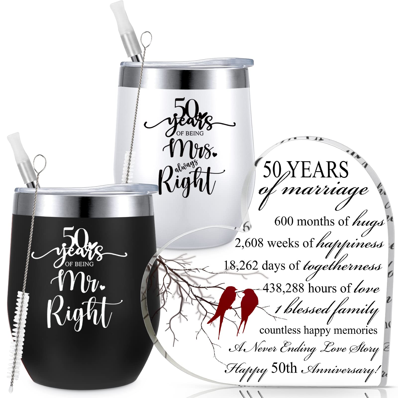 Sieral 50th Years of Marriage Gift 2 Pcs Wine Tumbler Set Anniversary Cups Insulated Wine Glasses Mr and Mrs Tumblers Heart Marriage Keepsake Decoration Gifts for Couple Parents Wife Mom