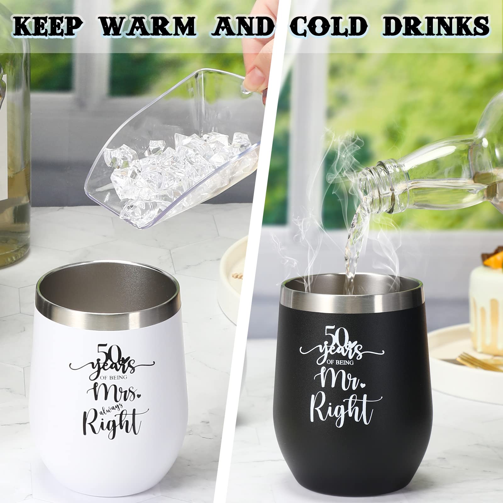 Sieral 50th Years of Marriage Gift 2 Pcs Wine Tumbler Set Anniversary Cups Insulated Wine Glasses Mr and Mrs Tumblers Heart Marriage Keepsake Decoration Gifts for Couple Parents Wife Mom