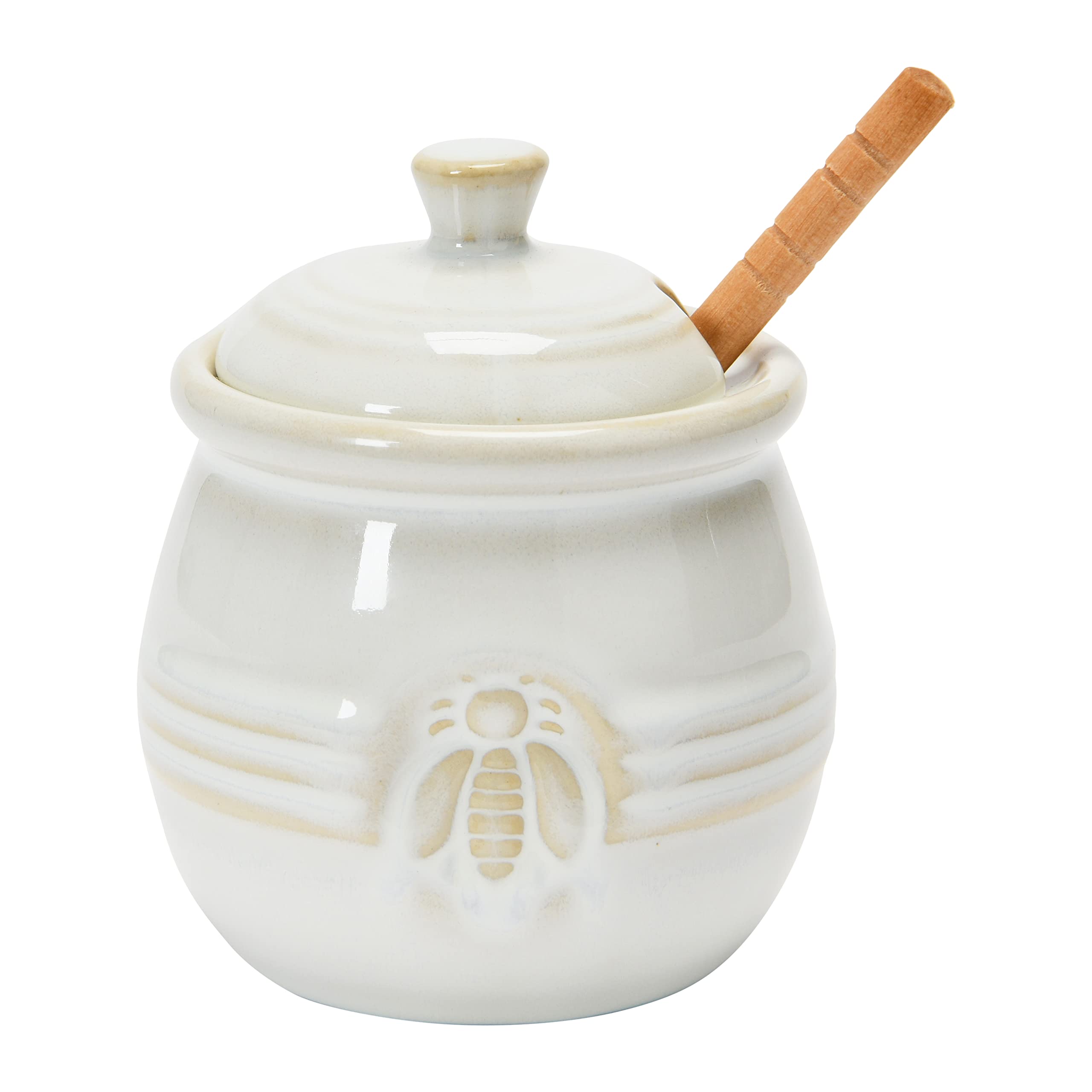 Creative Co-Op Farmhouse Embossed Stoneware Honey Pot with Wood Honey Dipper, White